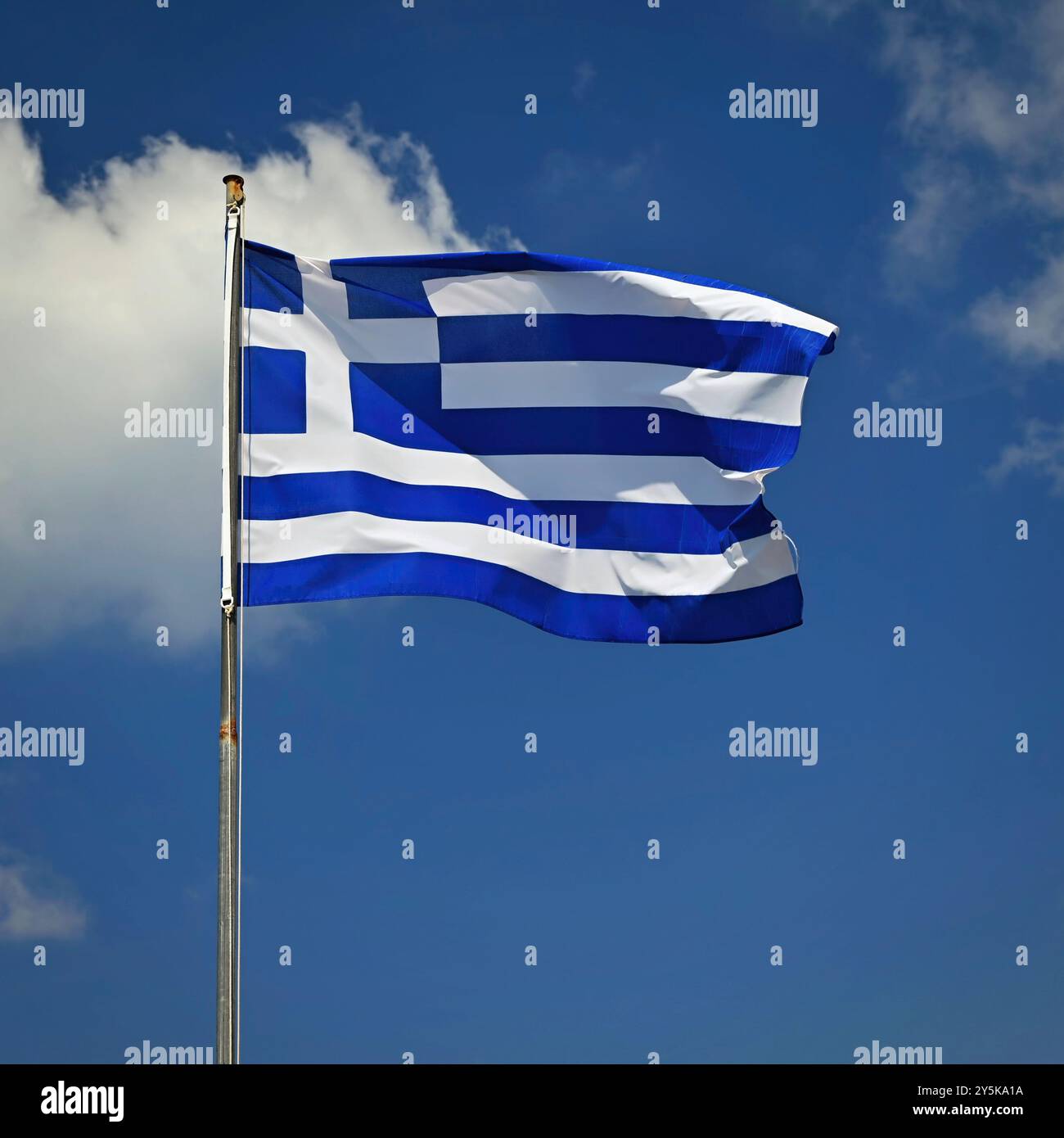 Flag of Greece Flying in Wind and Blue Sky. Summer background for ...