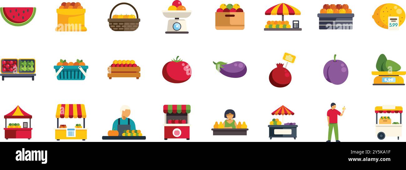 People selling fresh fruits and vegetables at market stalls icons set ... People selling fresh fruits and vegetables at market stalls icons set ...