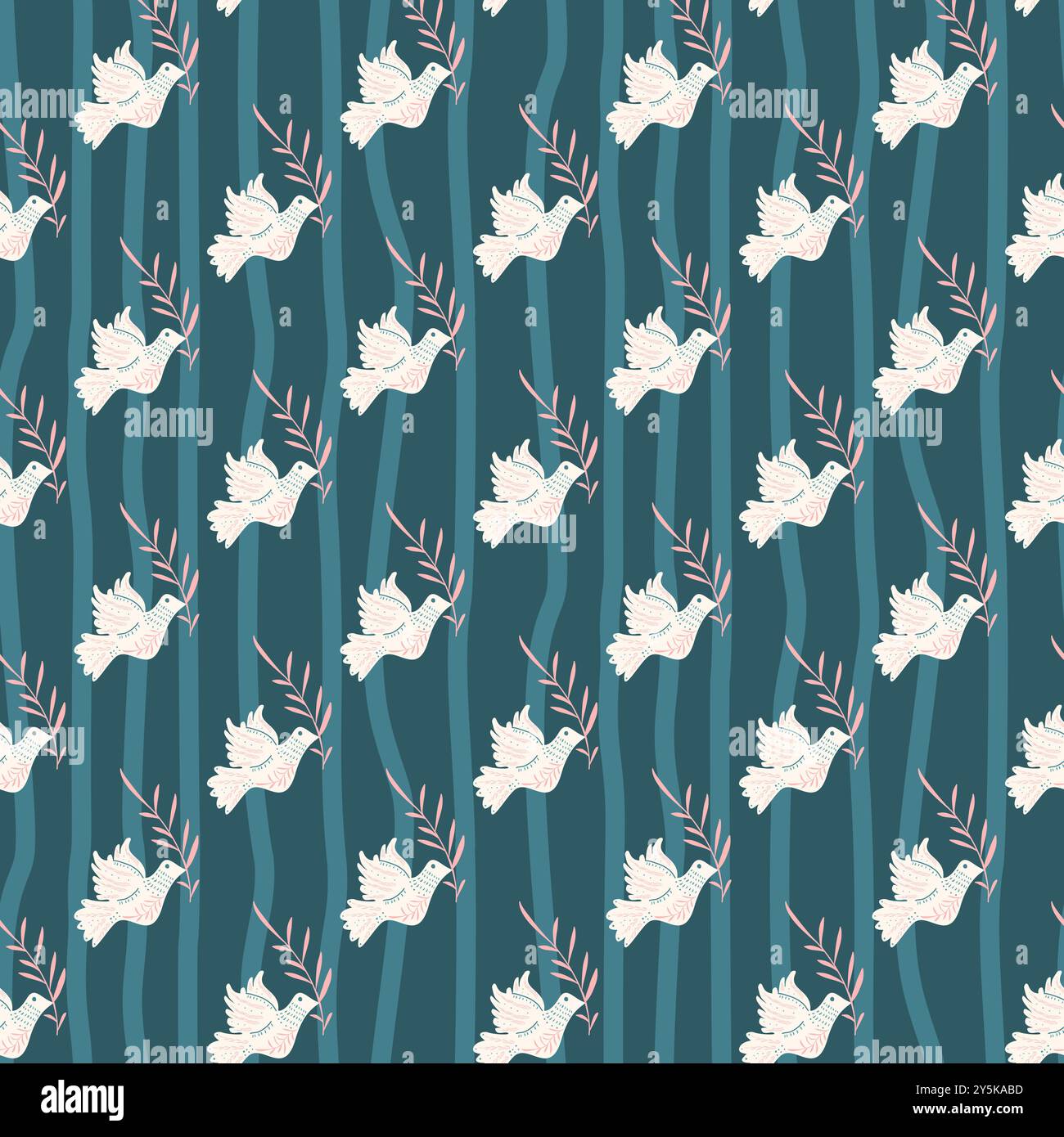 Seamless pattern with white doves holding olive branches on a dark teal ...