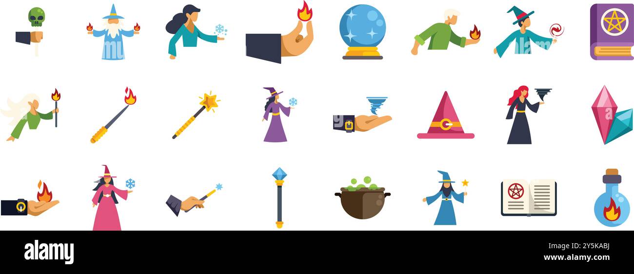 Wizards and witches using magic power set of vector illustrations ...