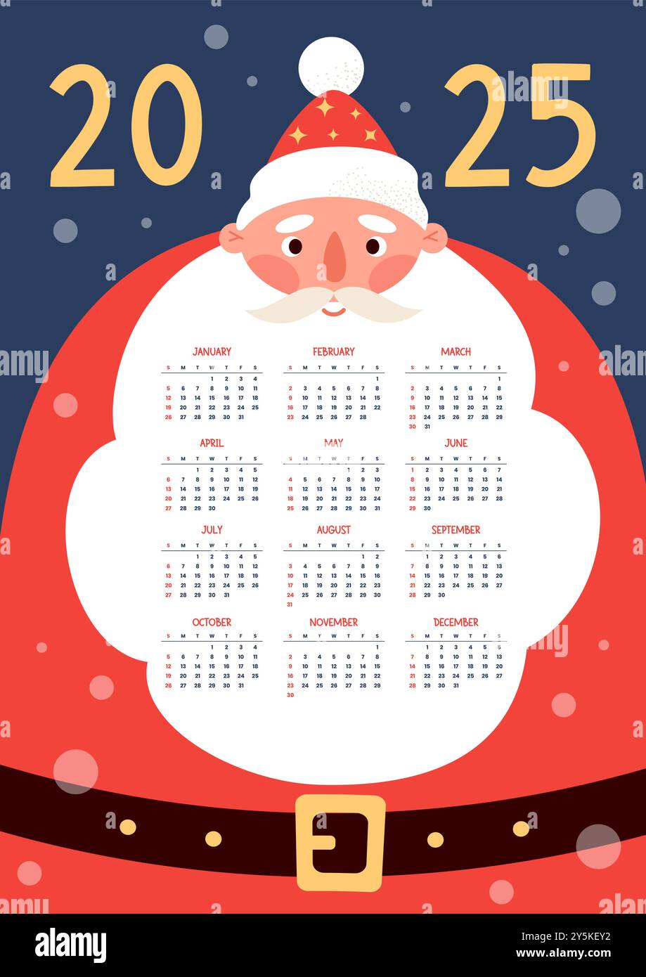2025 annual calendar. Cute Santa Claus. Funny portrait character with ...