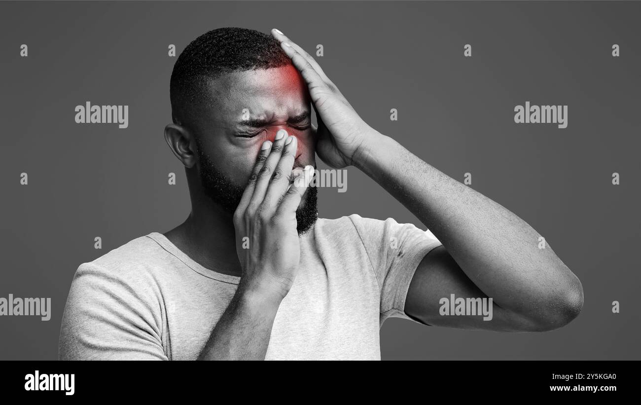 Guy having pain in forehead and nose, suffering from antritis Stock ...