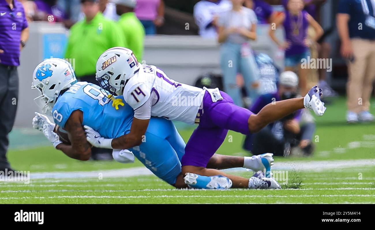 September 21, 2024: James Madison freshman KJ Flowe (14) tackles North ...