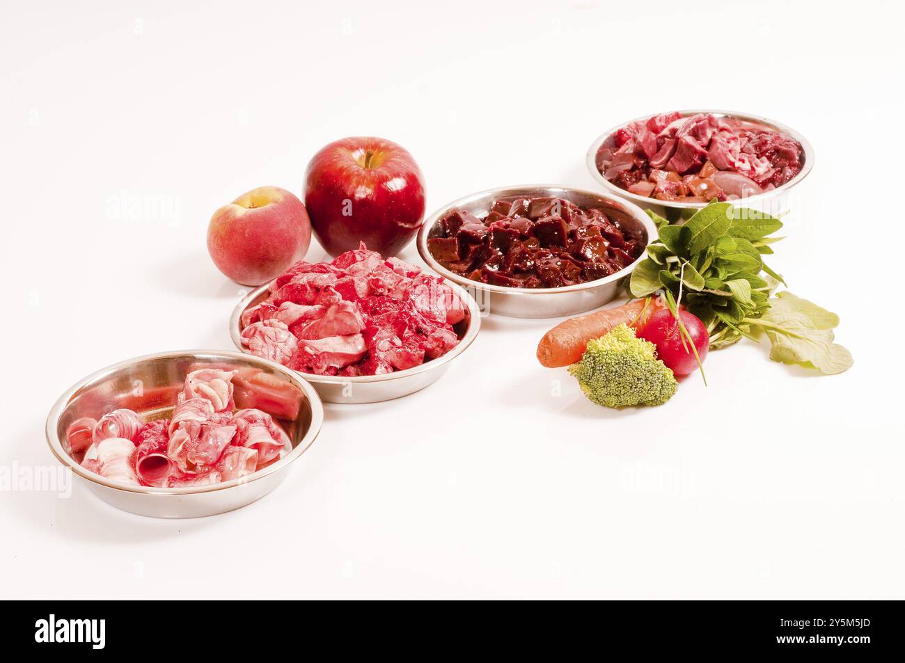 Barf: raw meat and offal, various types, with vegetables and fruit ...