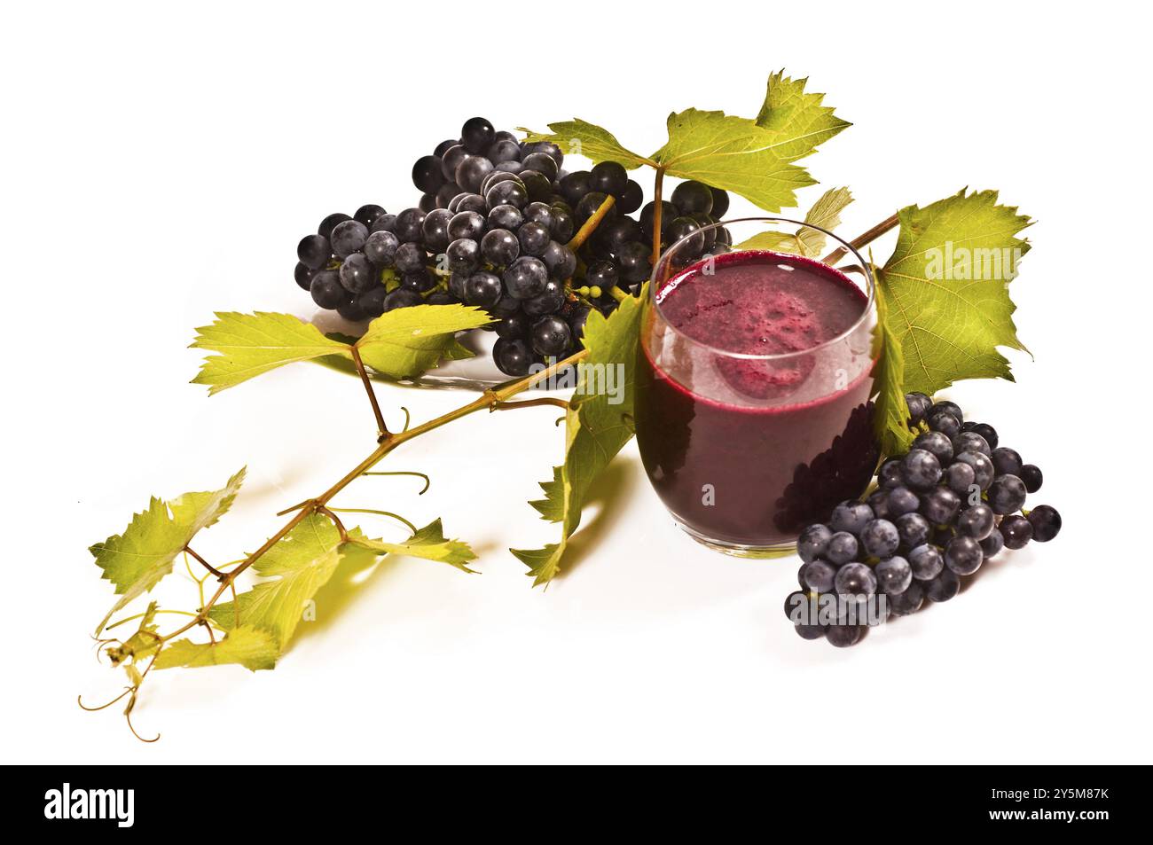 Freshly pressed red grape juice with vine leaves on a white background ...