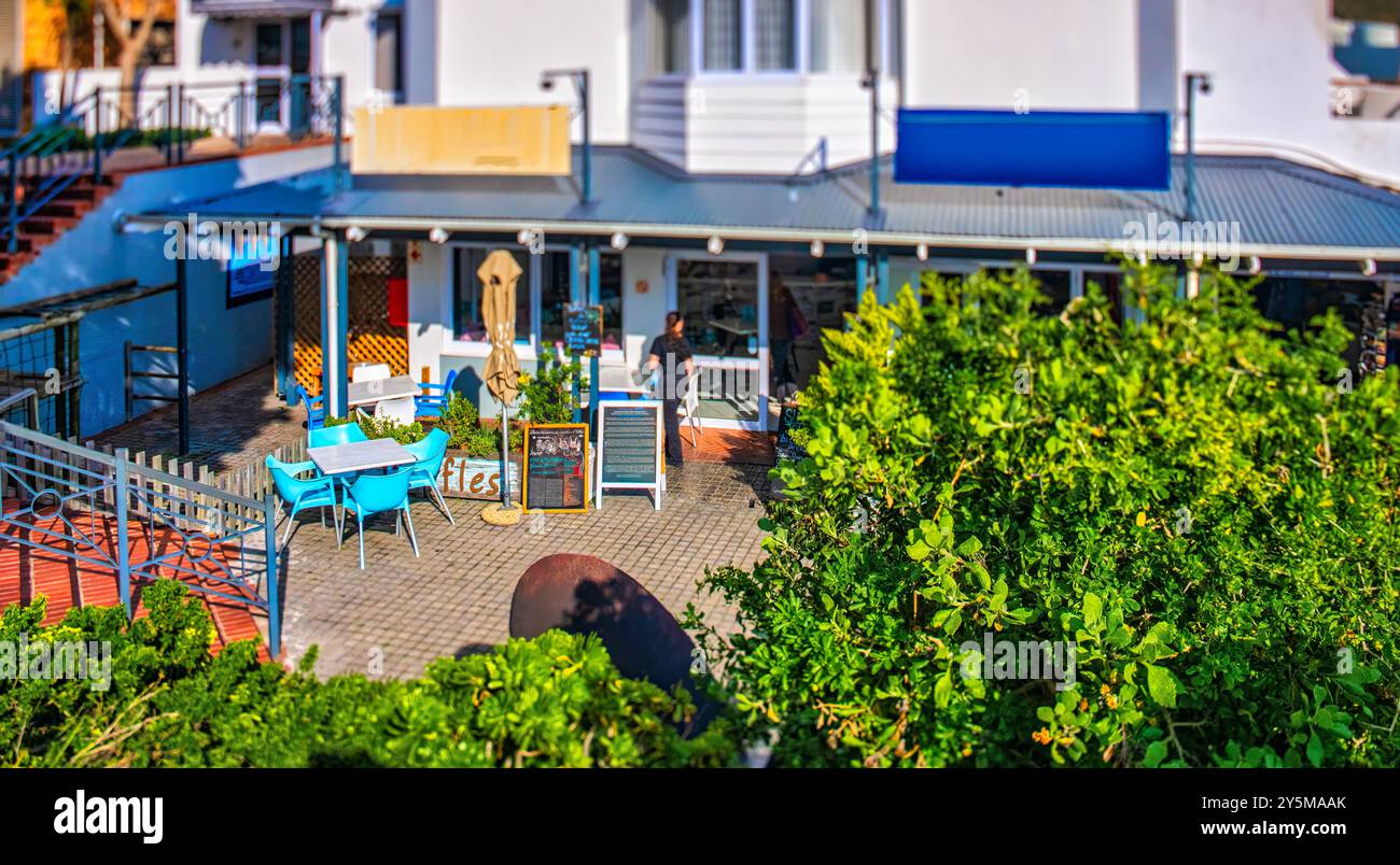 Outdoor cafe scene with a seating area of blue chairs and tables, a ...