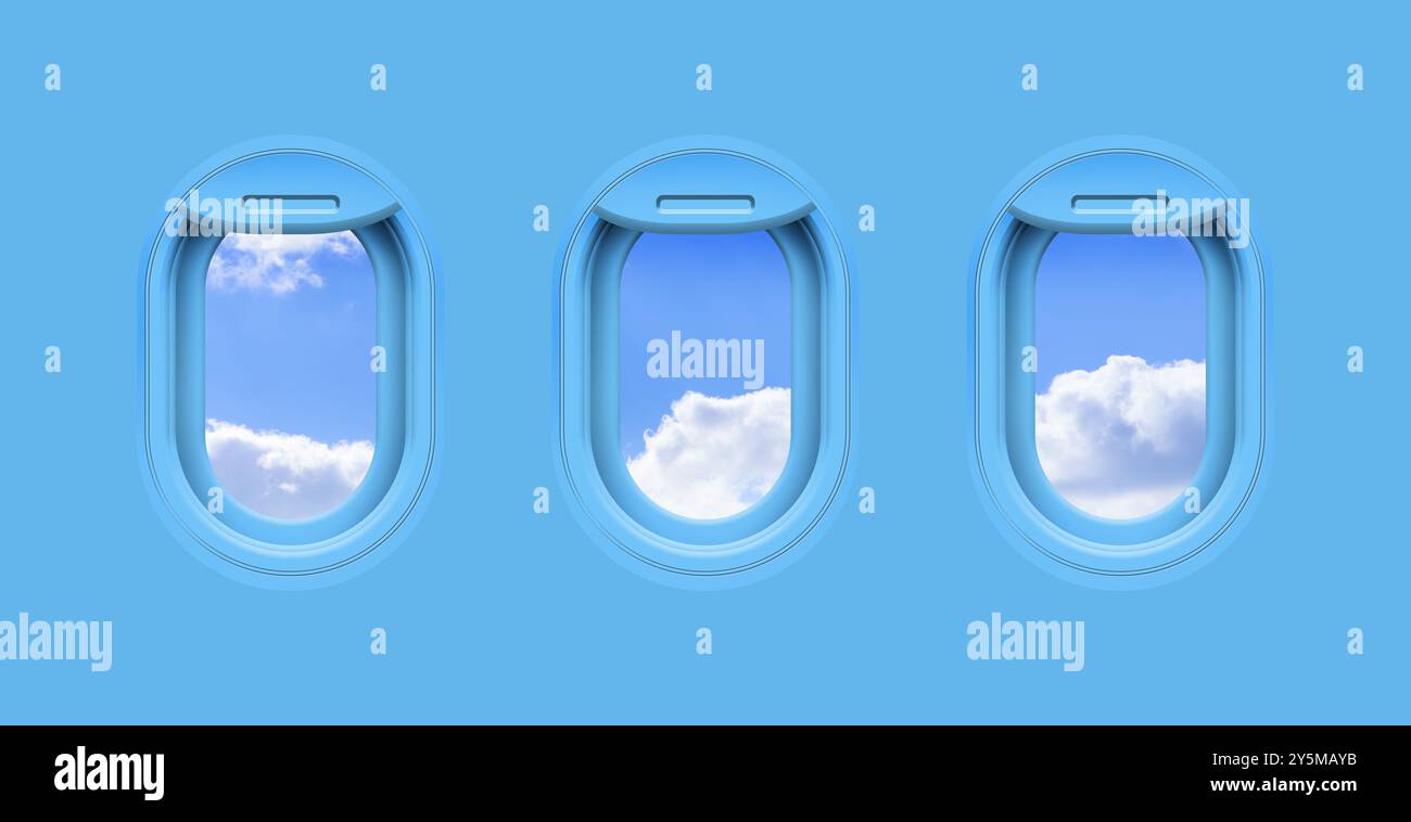Beautiful sky with clouds, view through airplane windows in light blue ...
