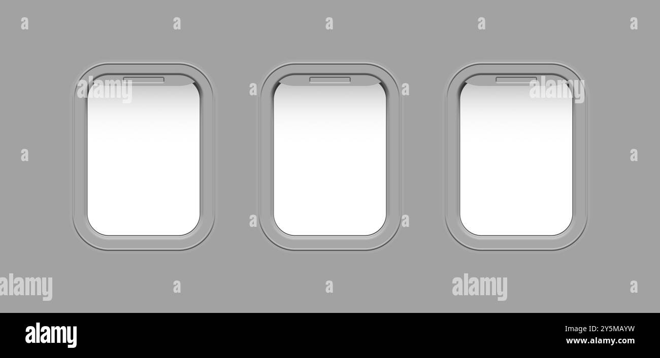 Airplane windows, view from inside cabin with grey sidewall Stock Photo ...