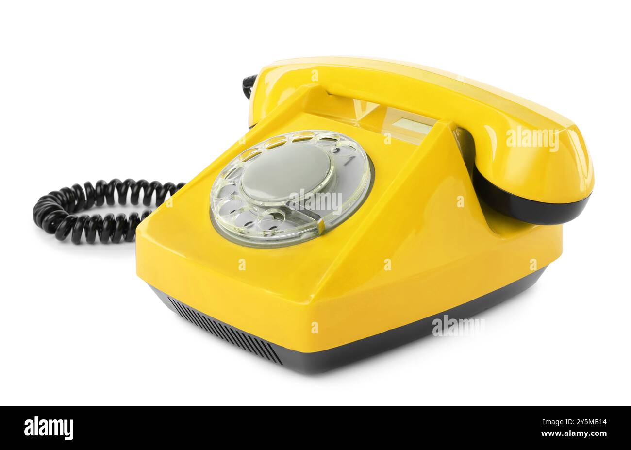Old yellow telephone with rotary dial isolated on white Stock Photo - Alamy