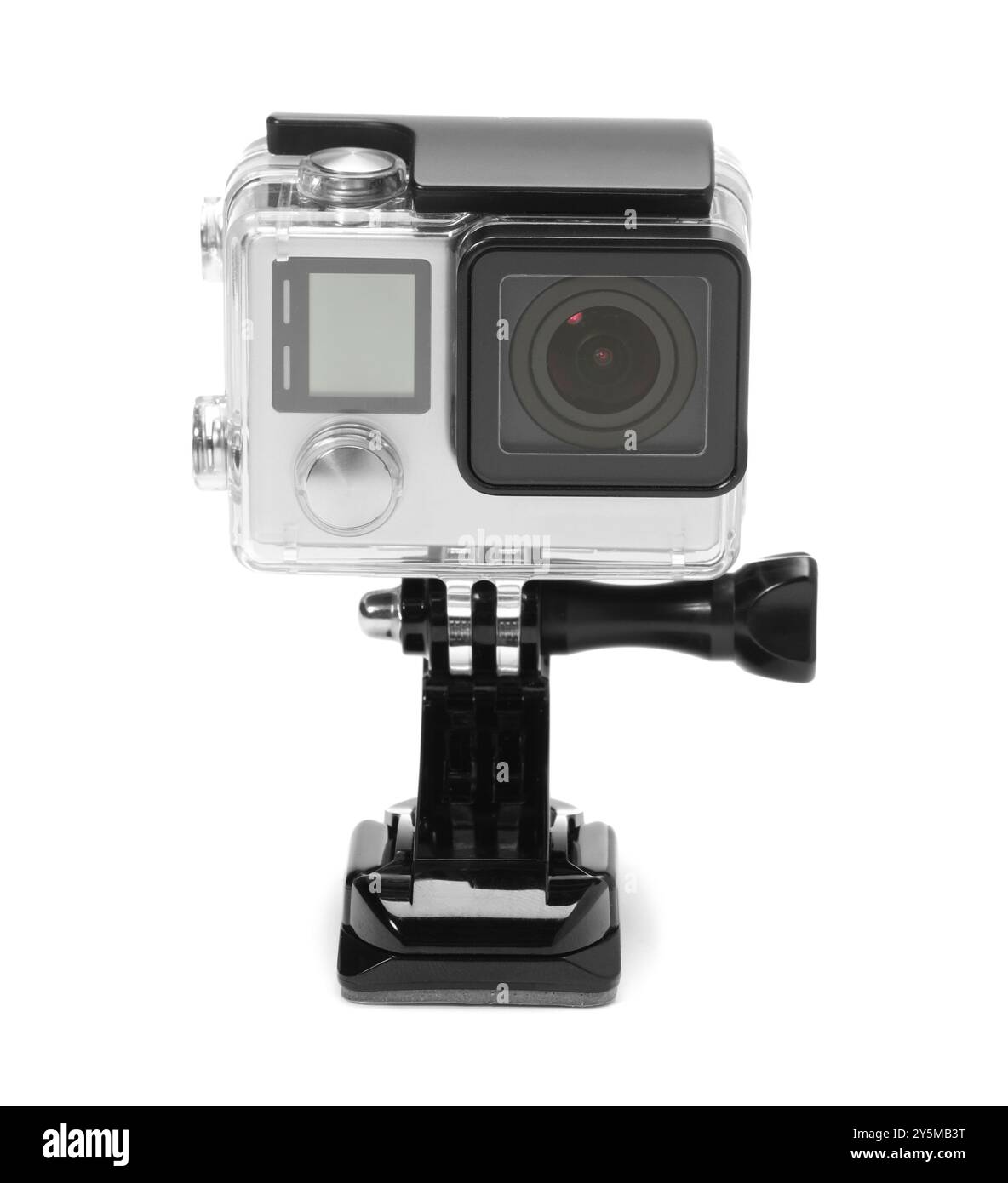 Modern action camera and mount isolated on white Stock Photo - Alamy