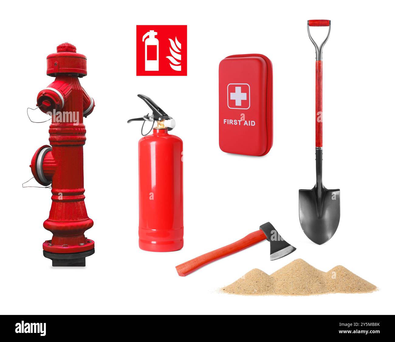 Collage with fire extinguisher and other firefighting equipment on ...
