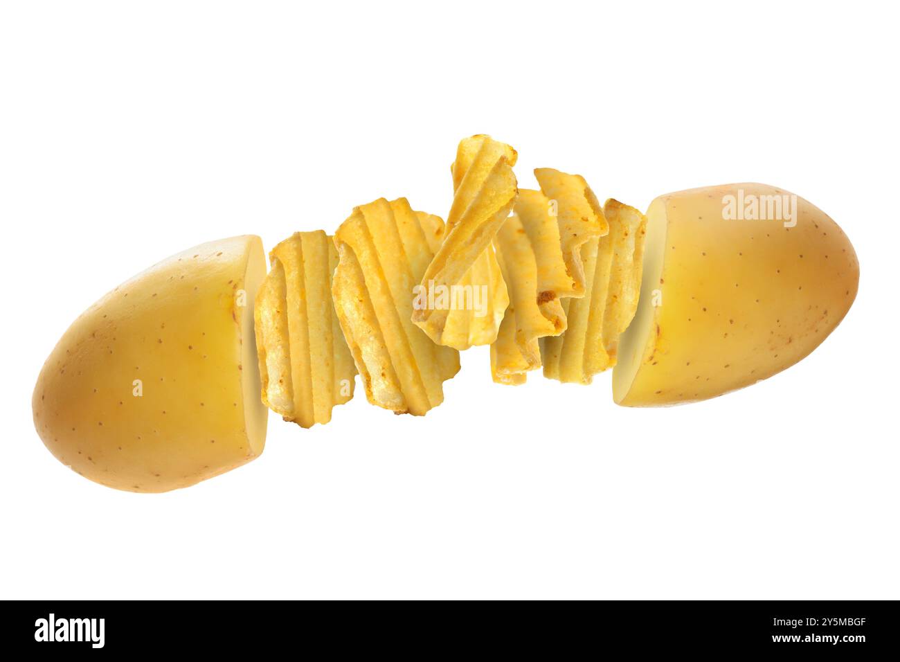 Raw potato turning into tasty crispy chips in air on white background ...