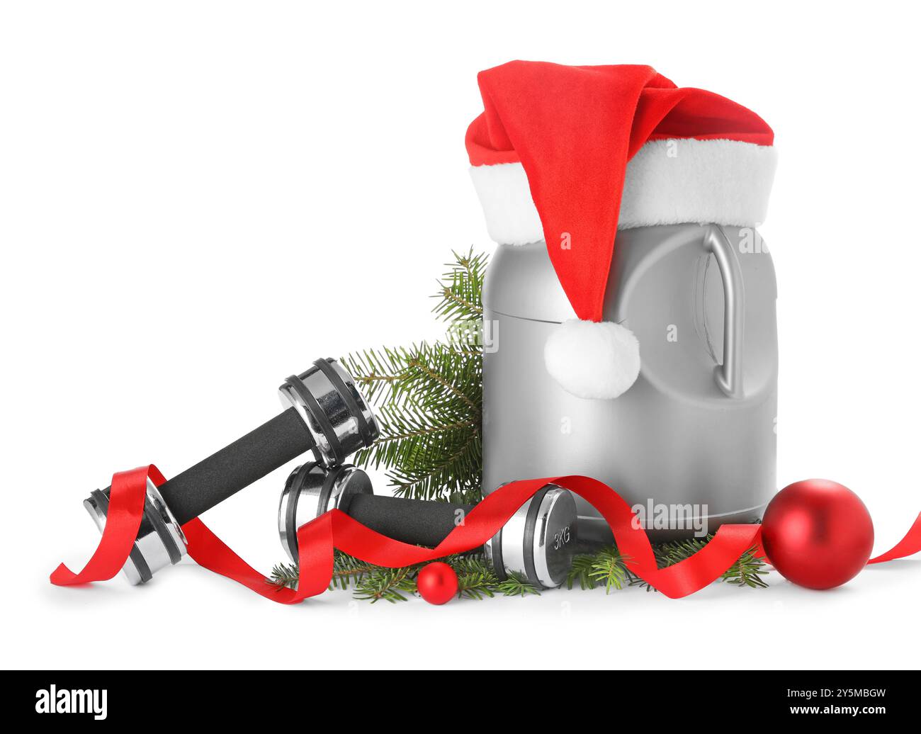 Dumbbells, container with supplement and Christmas decor isolated on ...