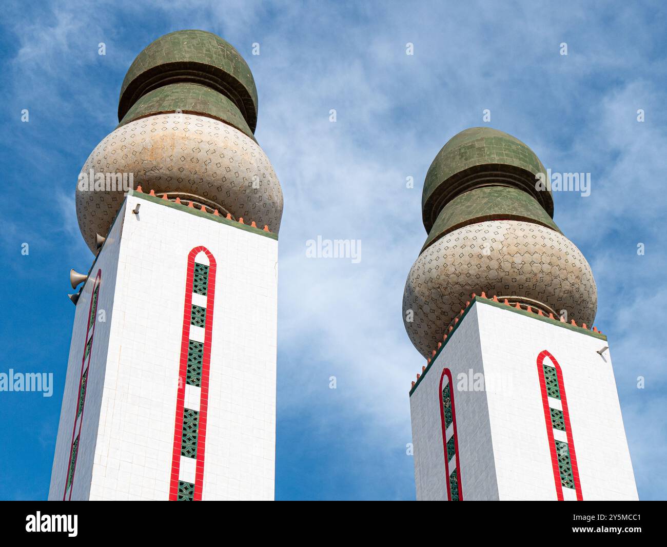 Mosque of the Divinity, Dakar, Senegal - Dual Minaret Low Angle shot ...