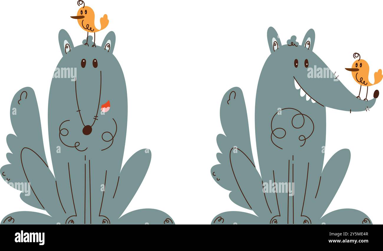 Whimsical wolf with bird illustration set Stock Vector Image & Art - Alamy