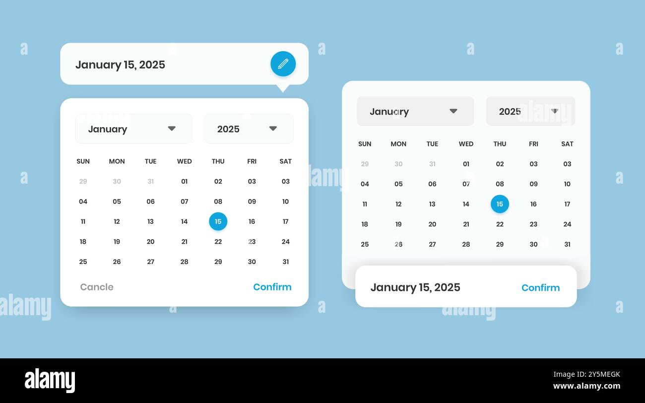 Modern date picker calendar popup layout design with two variations for ...