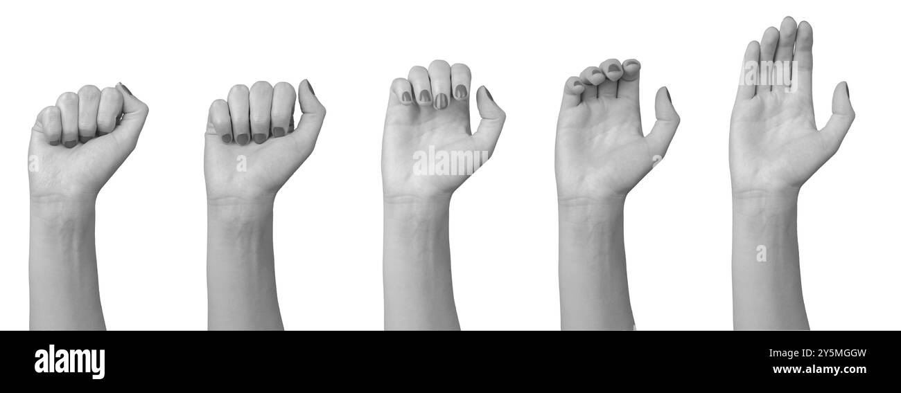 Fist gesture, clenched fingers opening, hand sign stages, isolated on ...