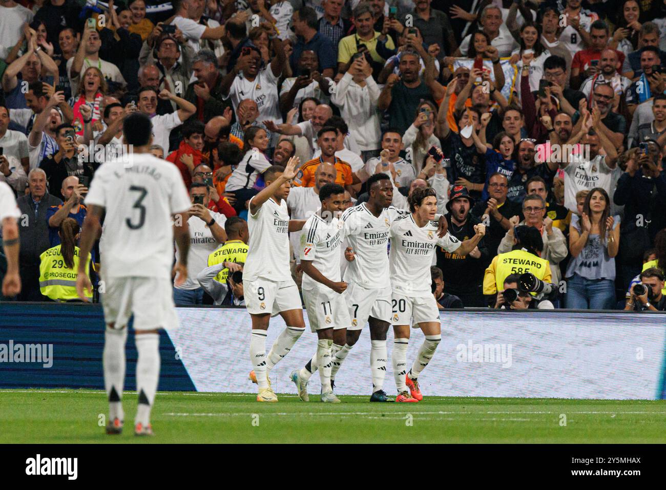 Team of Real Madrid seen celebrating after scoring goal during LaLiga ...