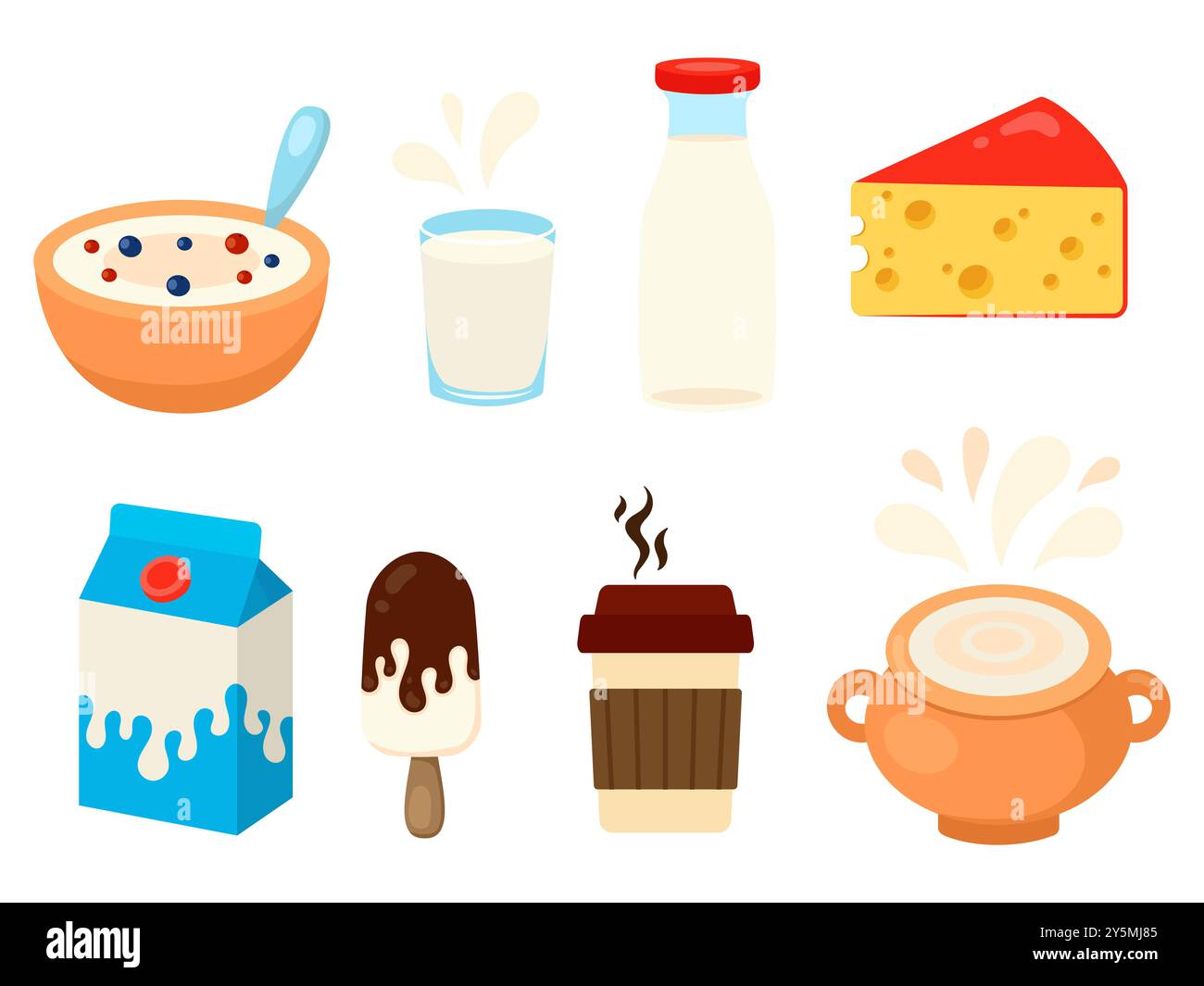 Set of dairy products in different packages. Milk splashes. Vector ...