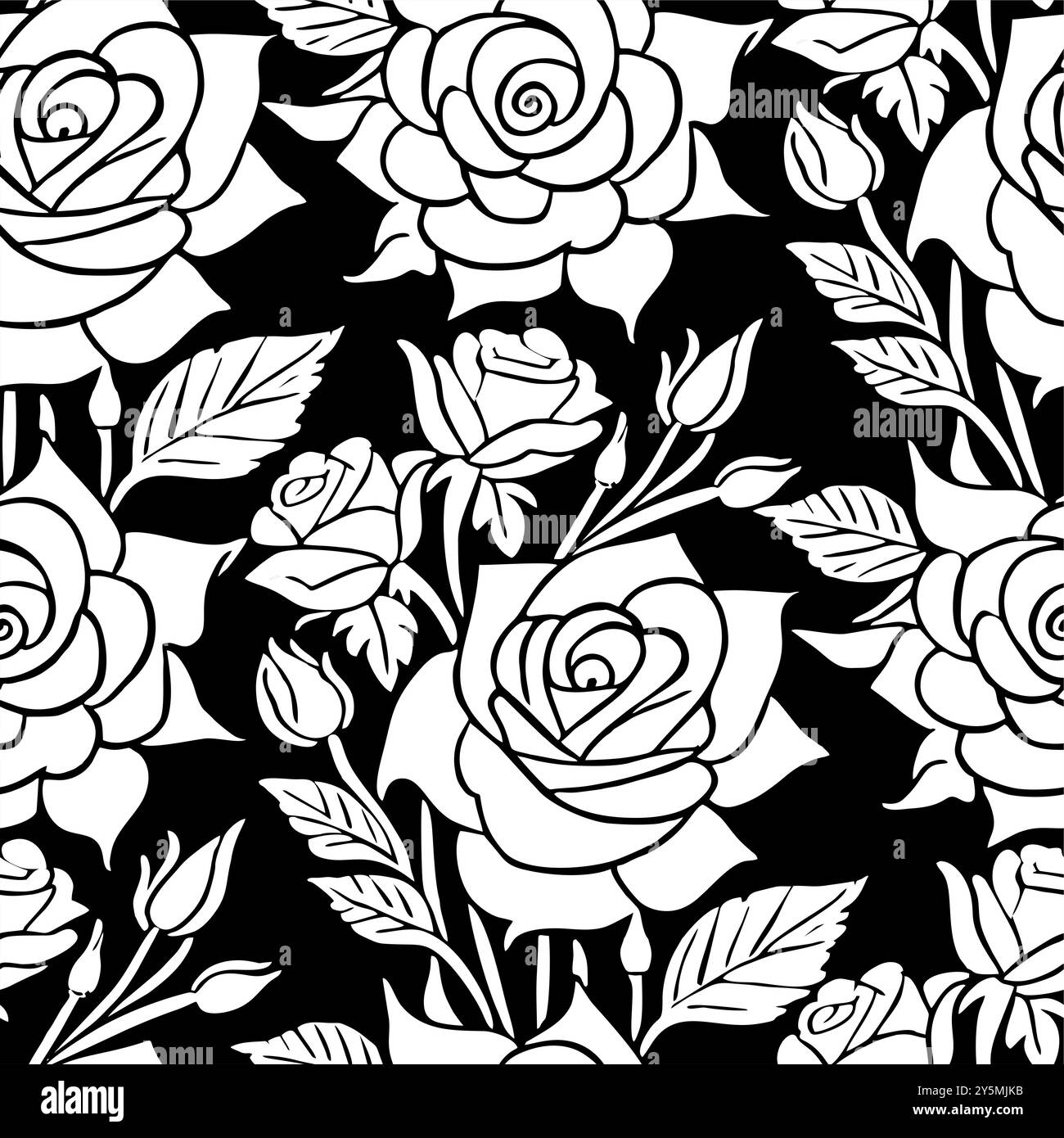 black and white seamless pattern of rose flowers, texture, design Stock ...