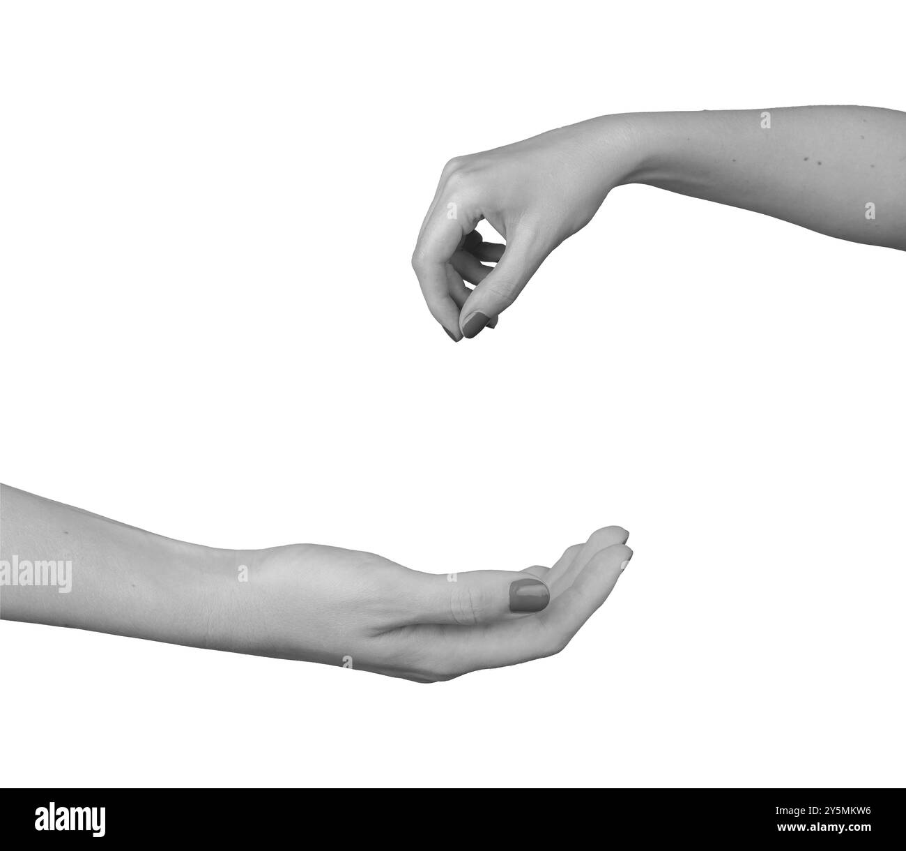 Hands giving, and cup-shaped palm taking and begging isolated on white ...