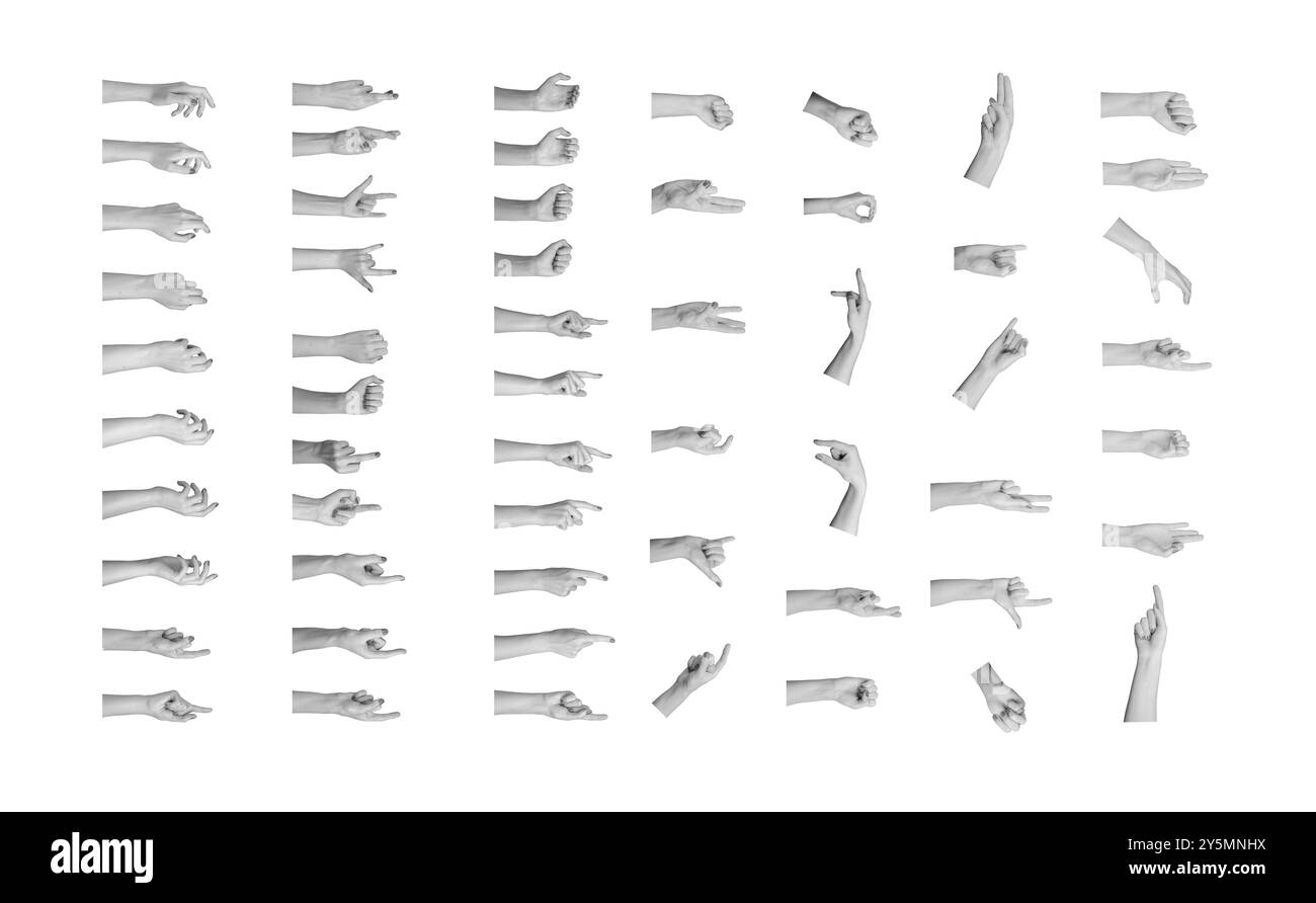 Different hands gestures set isolated on white background. Finger pointing, reaching, clicking ...