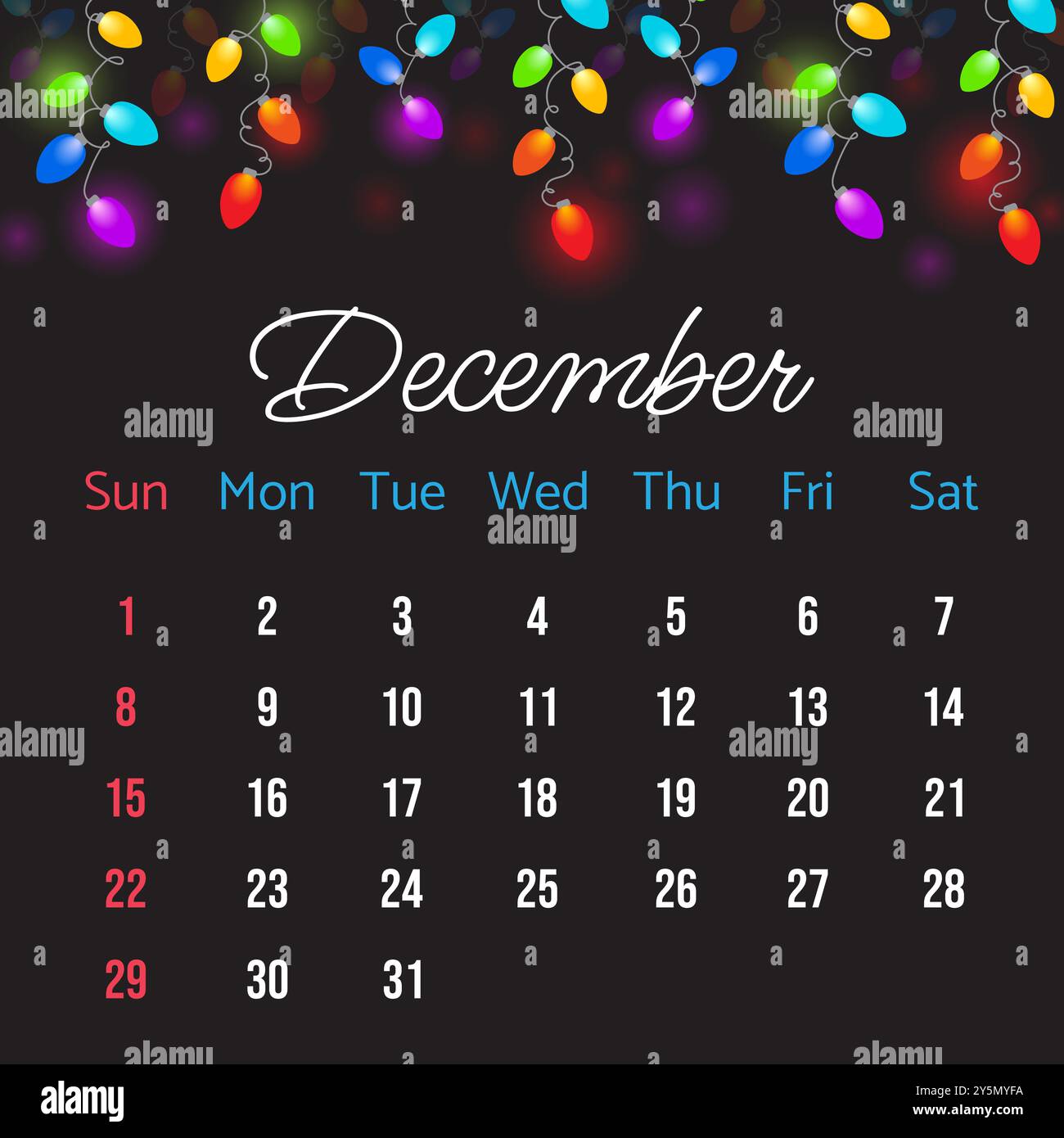 Calendar for December 2024 with Christmas lights on dark background ...