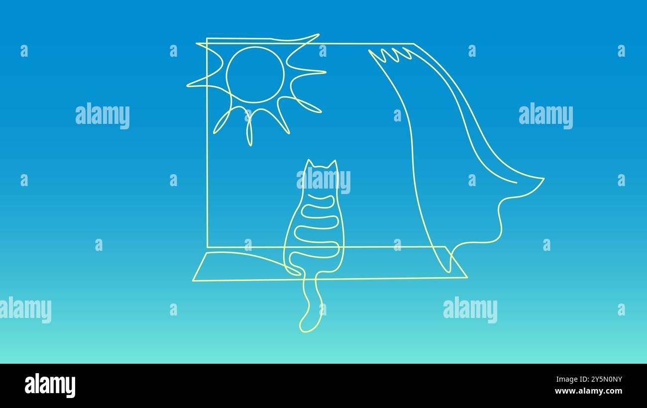 One line continuous window view with cat. Silhouette voyage sea scenery ...