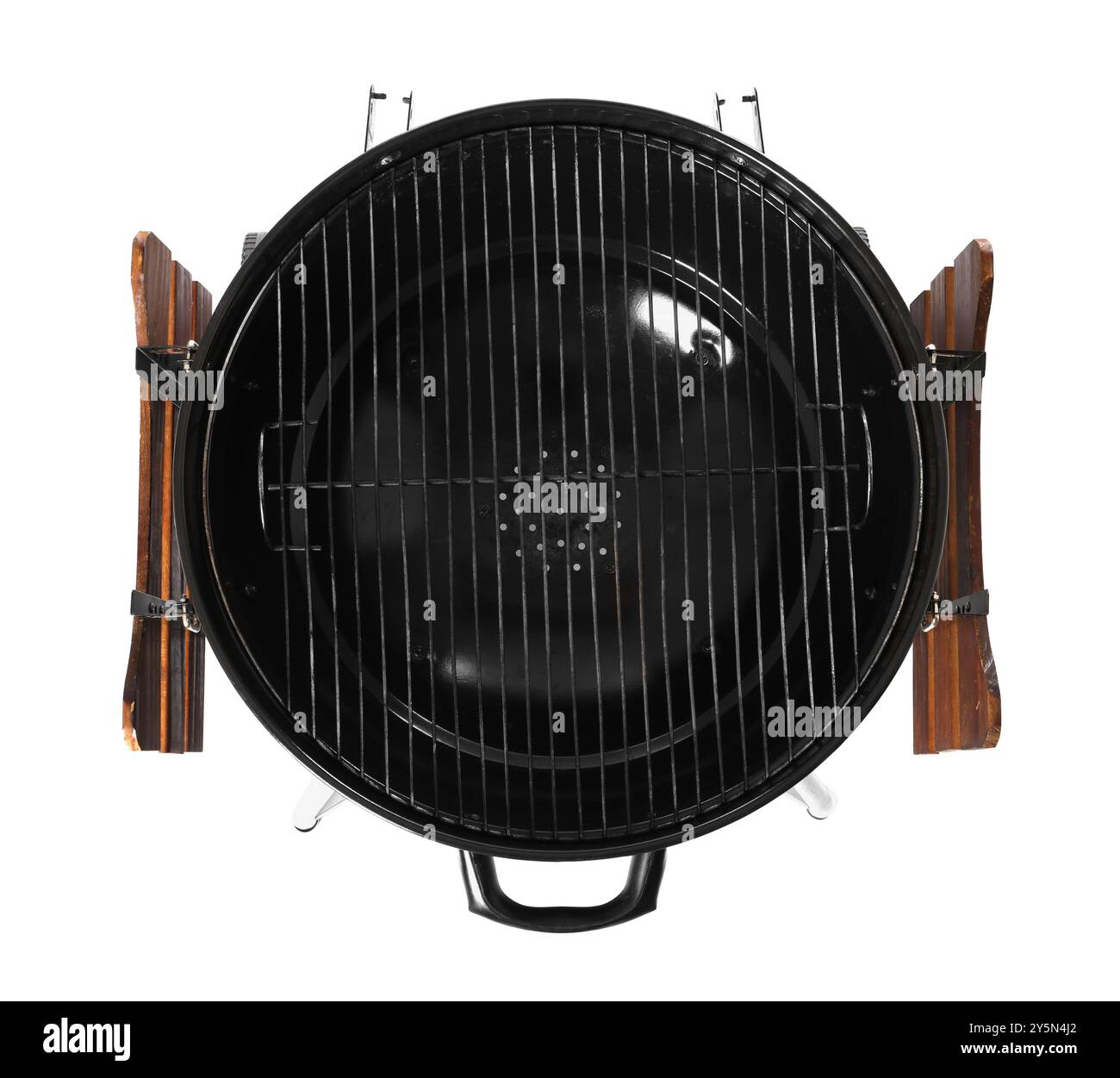 One black barbeque grill isolated on white, top view. Cooking appliance ...