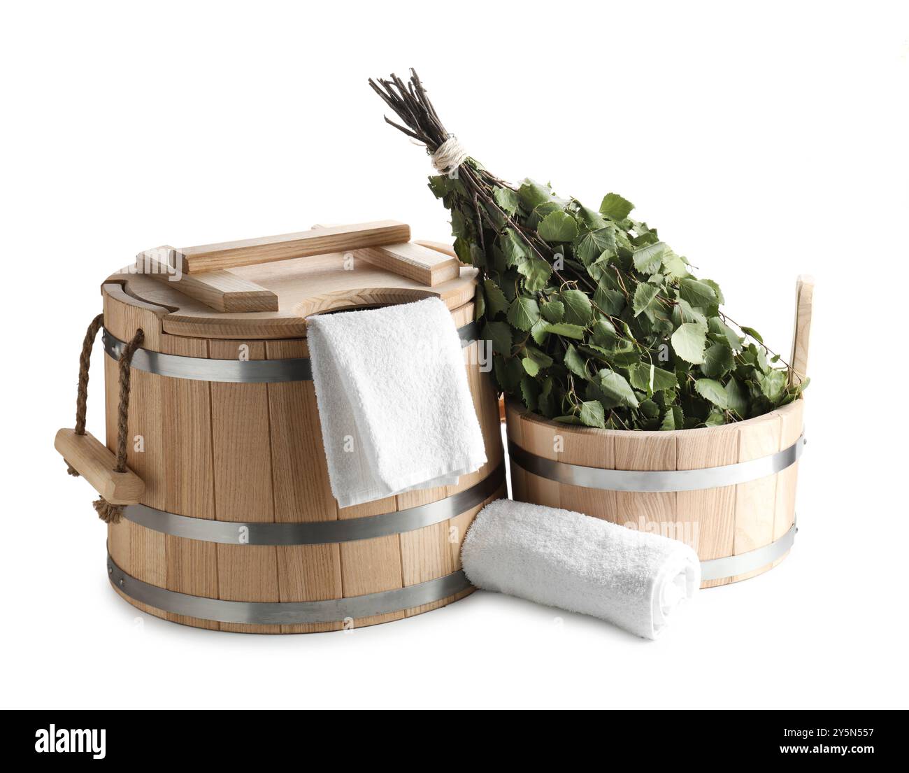 Sauna equipment. Wooden buckets, birch whisk and towels isolated on ...