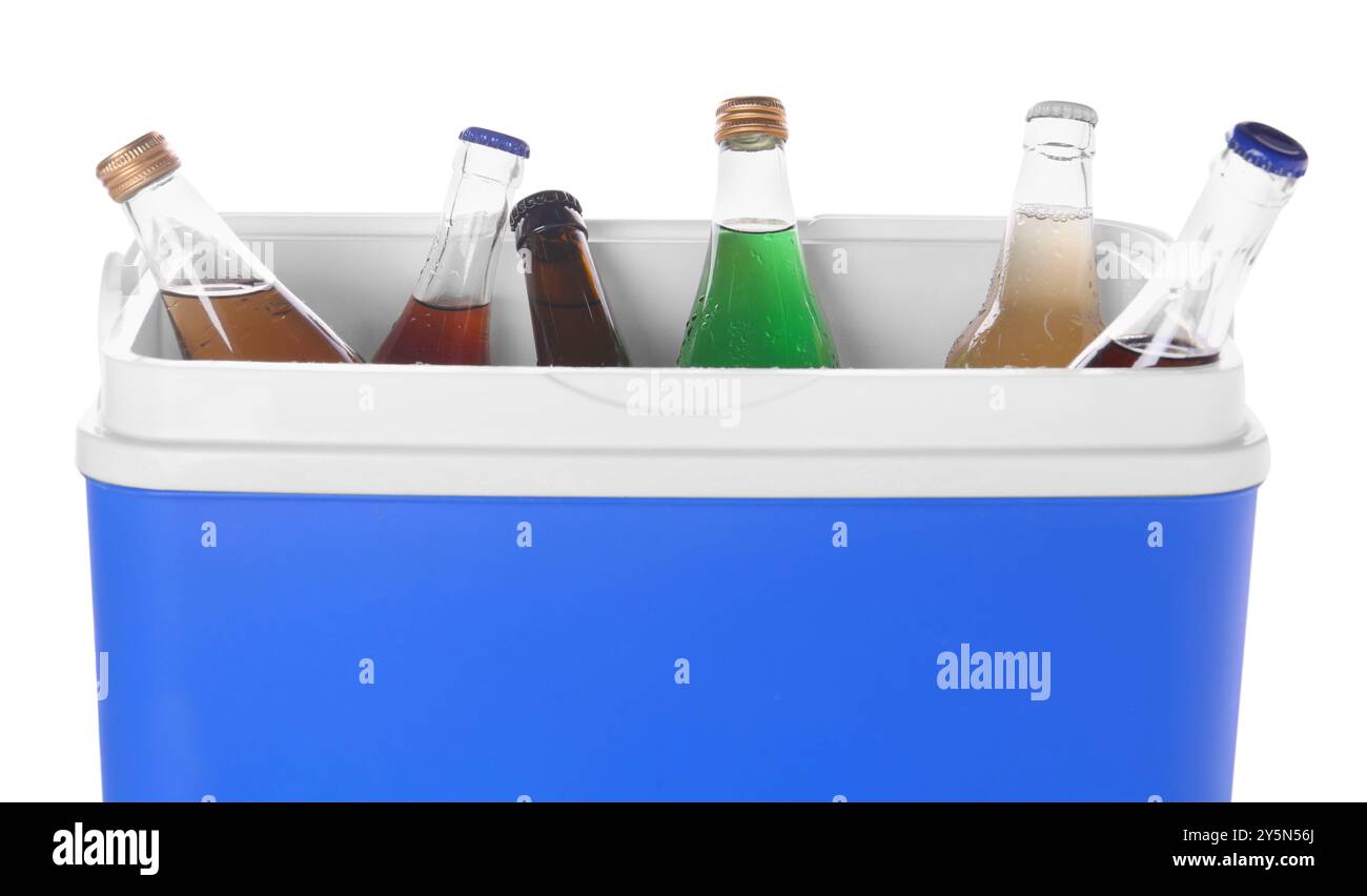 Many bottles of drinks in cooler box isolated on white Stock Photo - Alamy