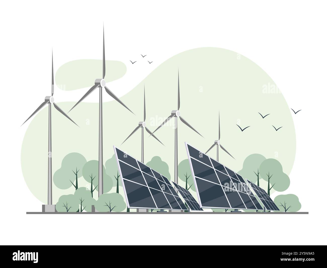 Wind and solar generation. Solar panels and wind turbines on nature ...