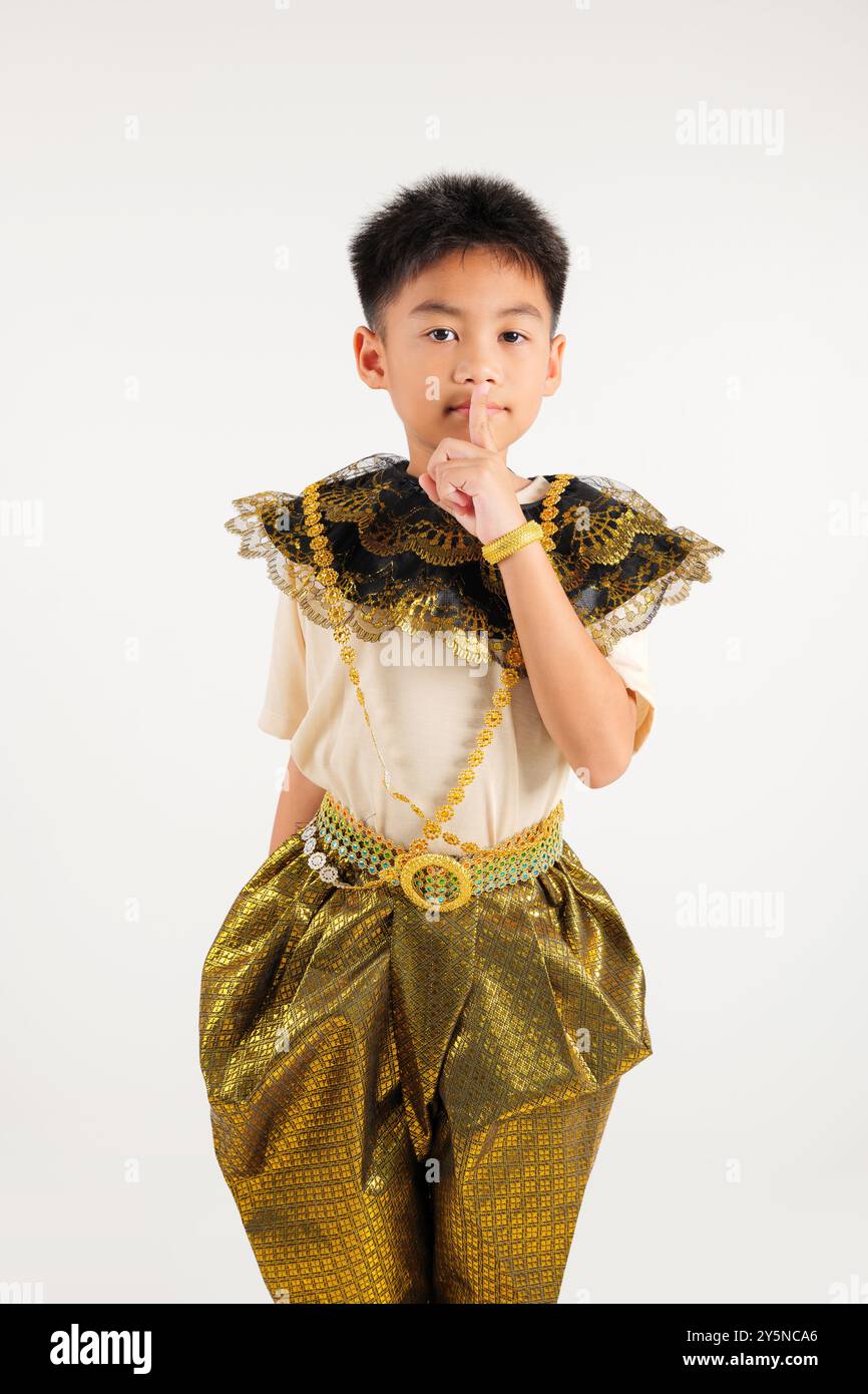 Portrait Thailand kid boy smiling traditional Thai dress costume making ...