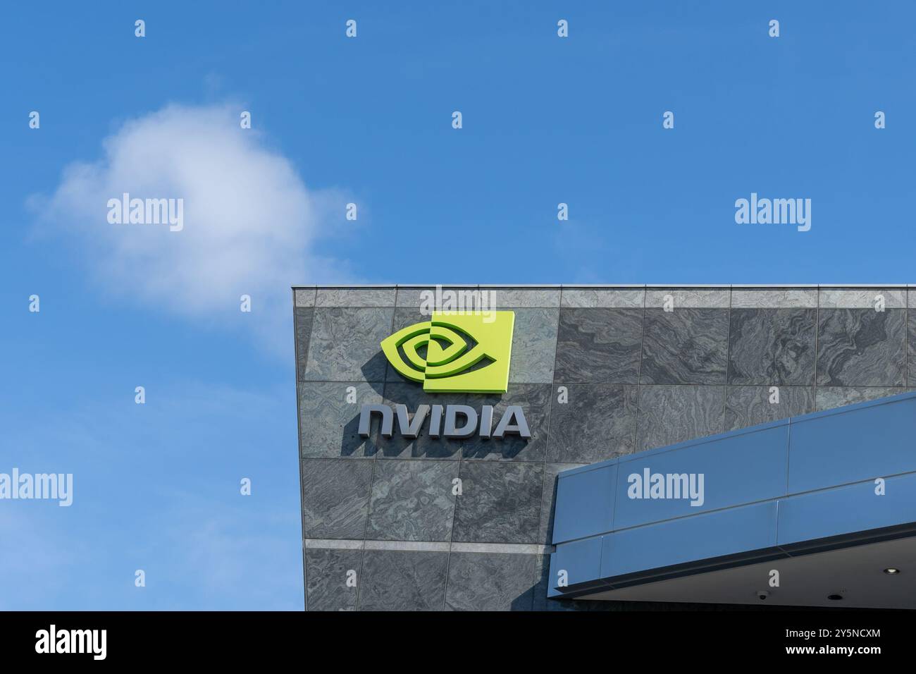 Close up of Nvidia sign on the building at its headquarters in Santa ...