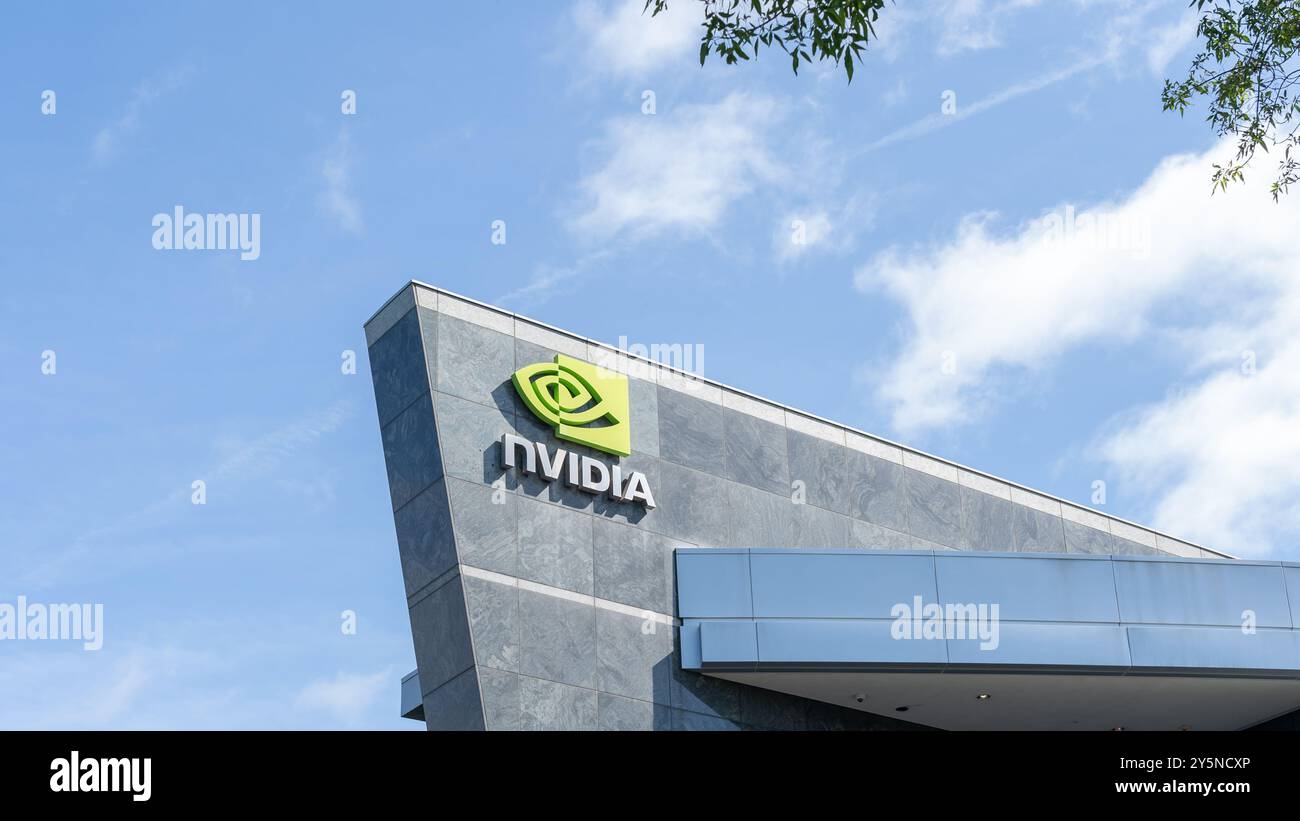 Close up of Nvidia sign on the building at its headquarters in Santa ...