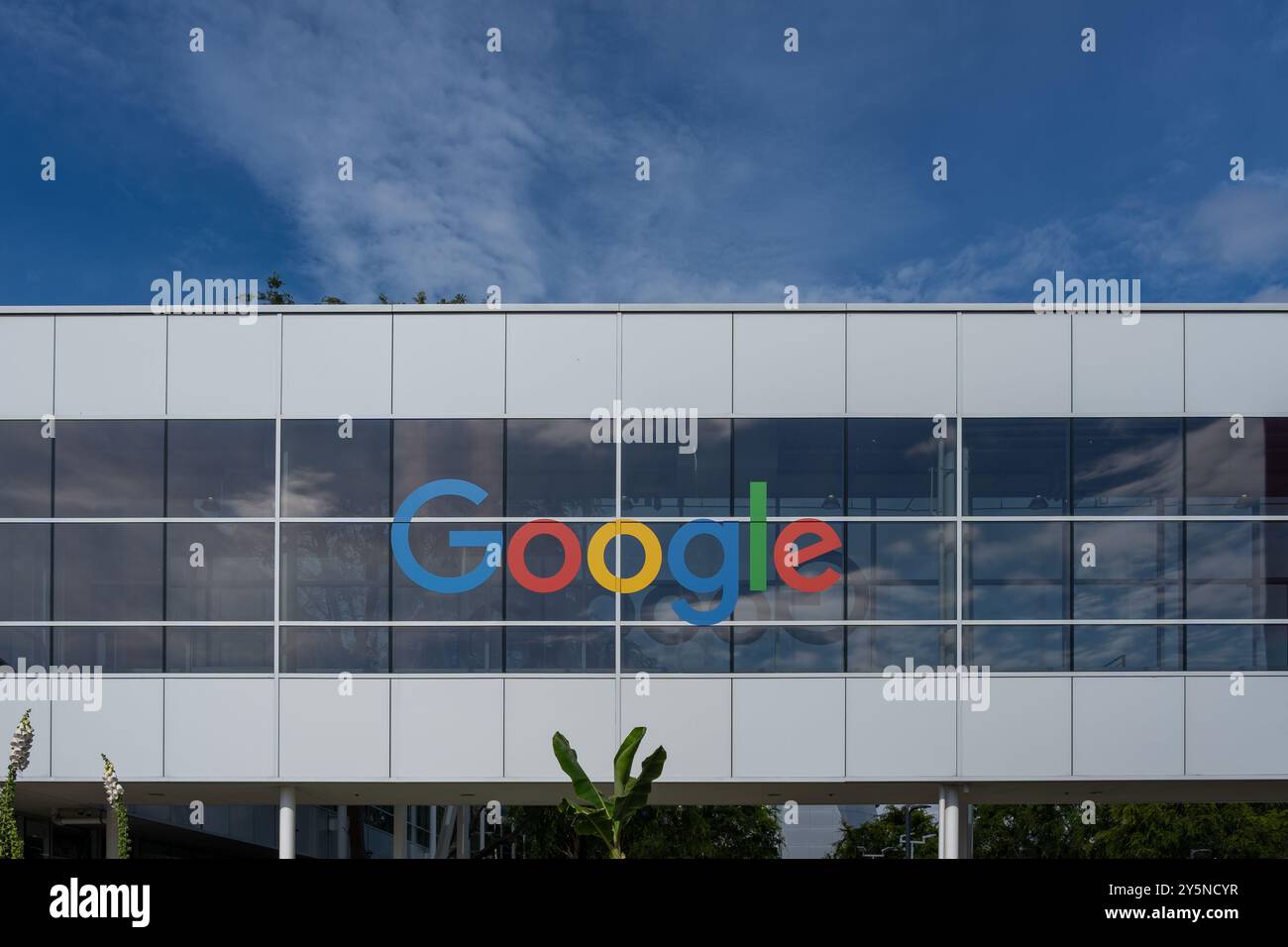 Close up of the Google logo sign on the building in Mountain View ...