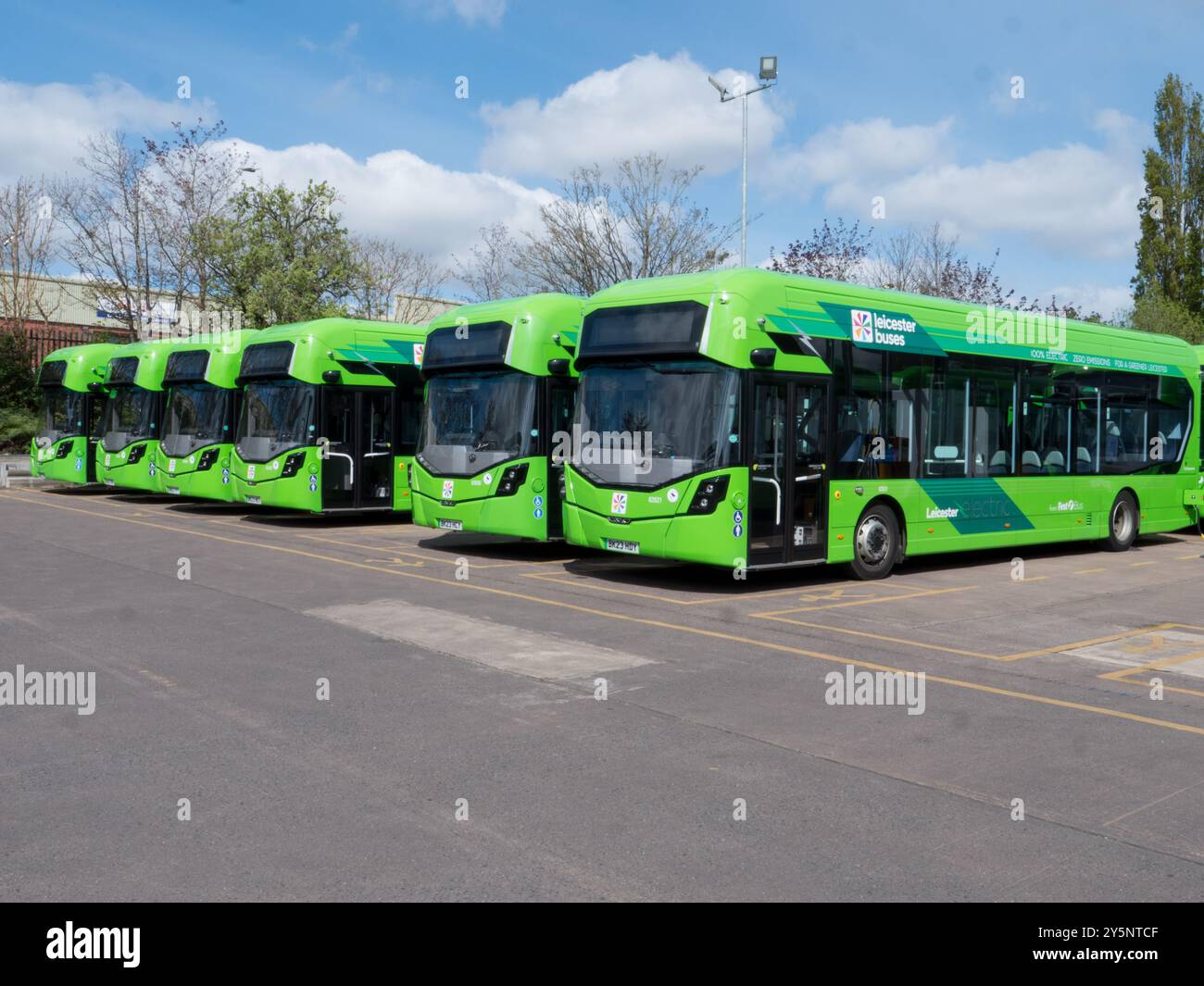 Row of green electric buses Stock Photo - Alamy