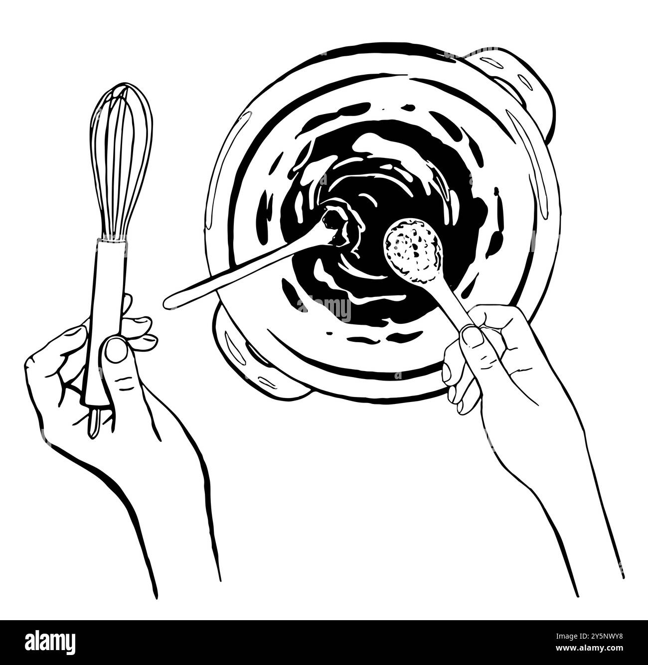 Sketch of chef s hands mixing ingredients for cupcake batter, hand ...