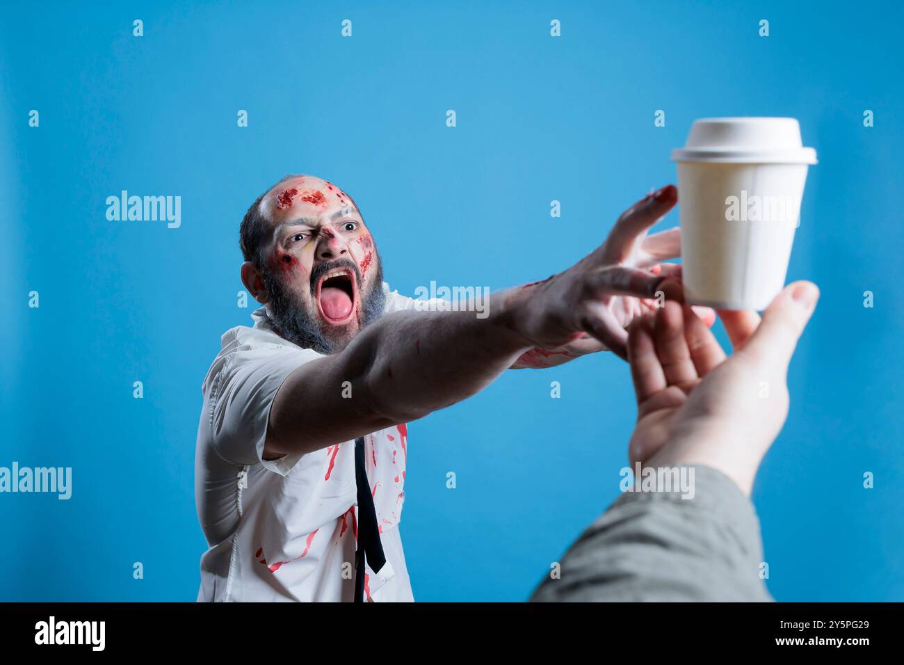 Angry man starving for coffee, shouting and demanding cup, suffering ...