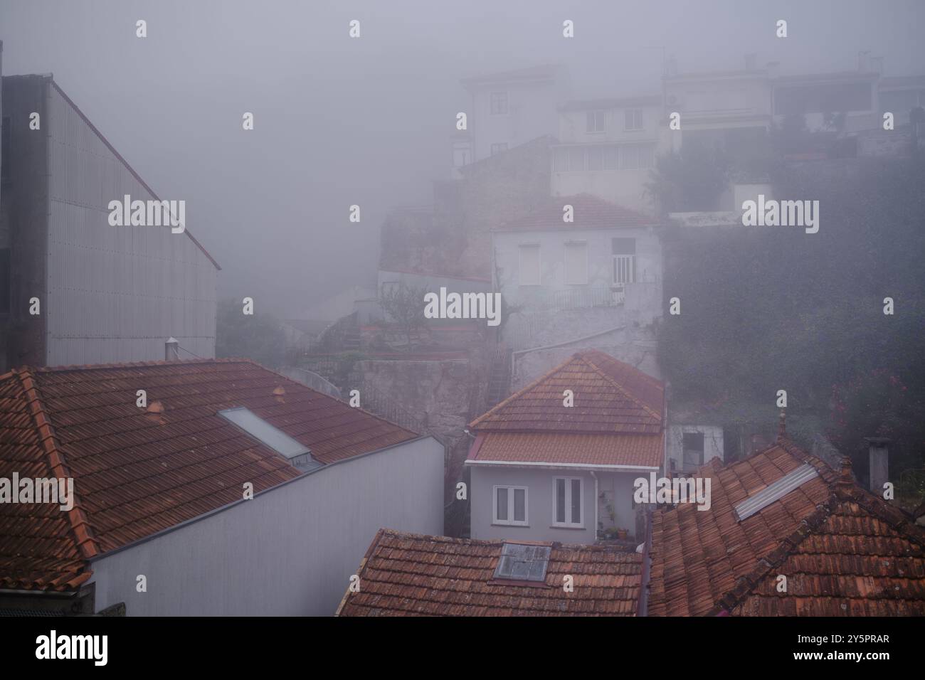 Houses and rooftops in Porto blanketed in thick morning fog, with only ...