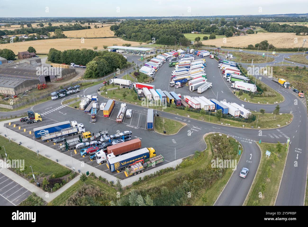 Aerial view of the truck stop at Moto Rugby services at junction 1 of ...