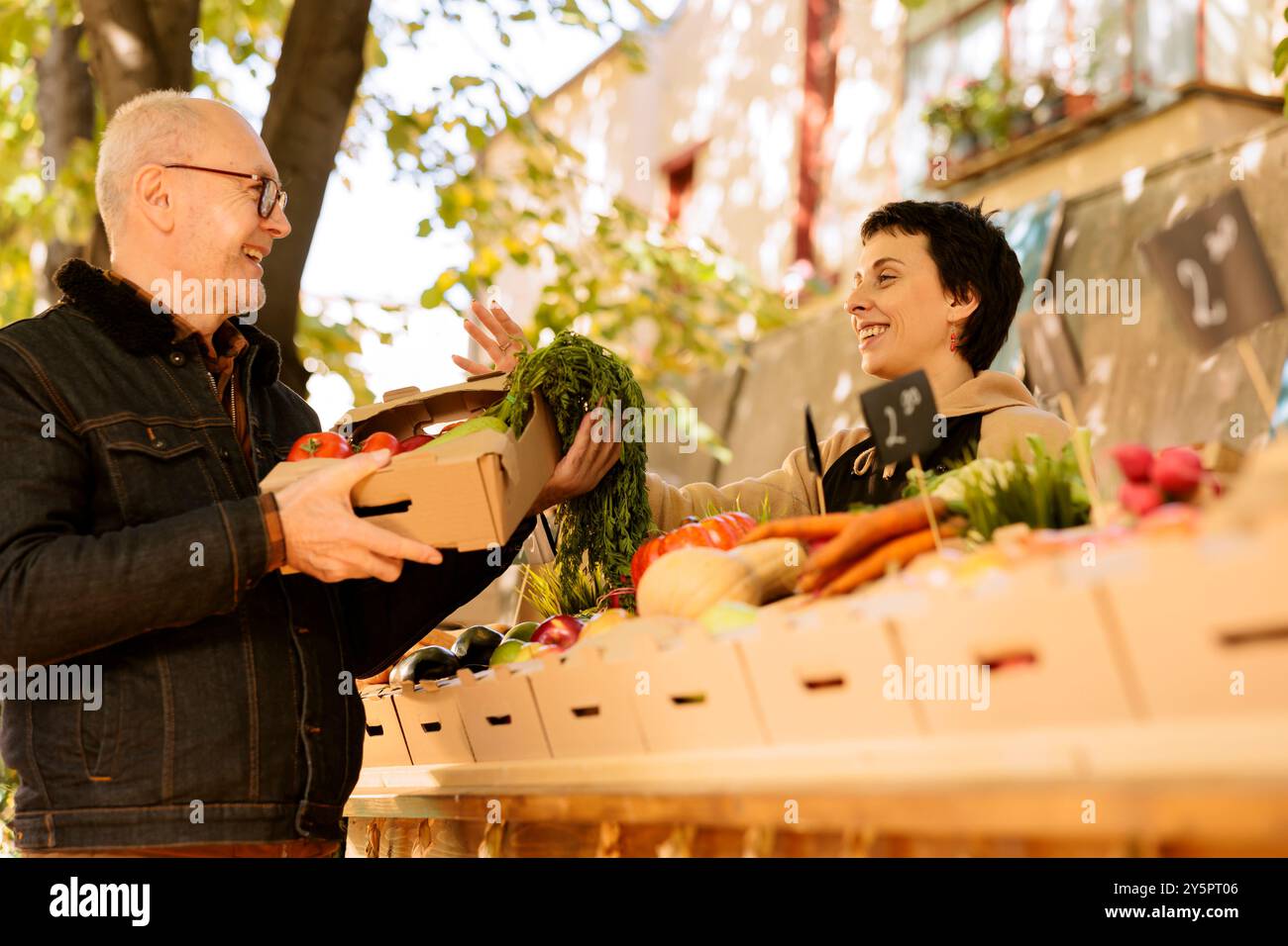 Smiling merchant giving box full of fresh fruits and veggies to elderly ...