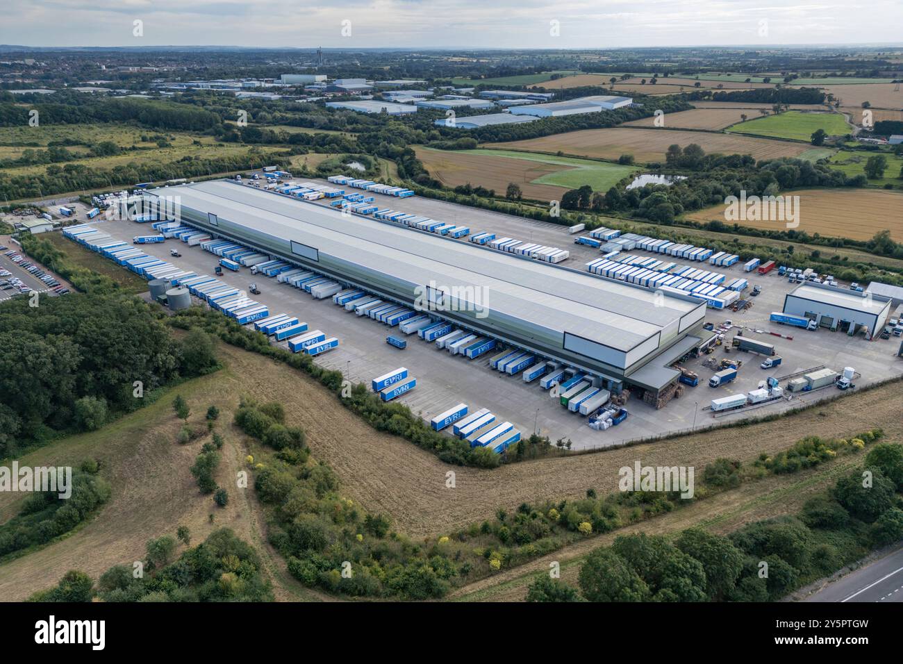 Aerial view of the EVRi Rugby Hub distribution facility near Rugby, UK ...