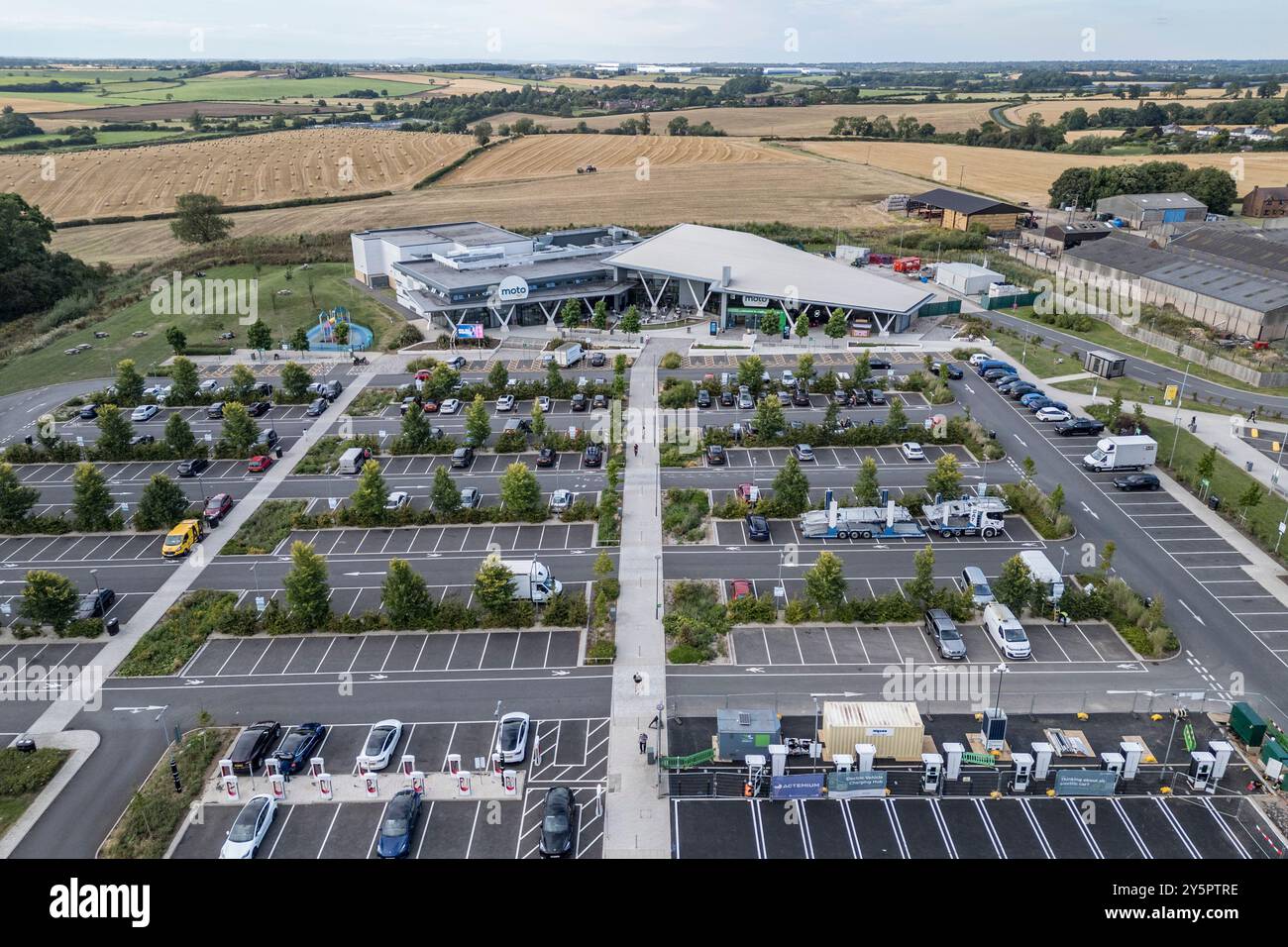 Aerial view of the Moto Rugby (Junction 1, M6 motorway) service station ...