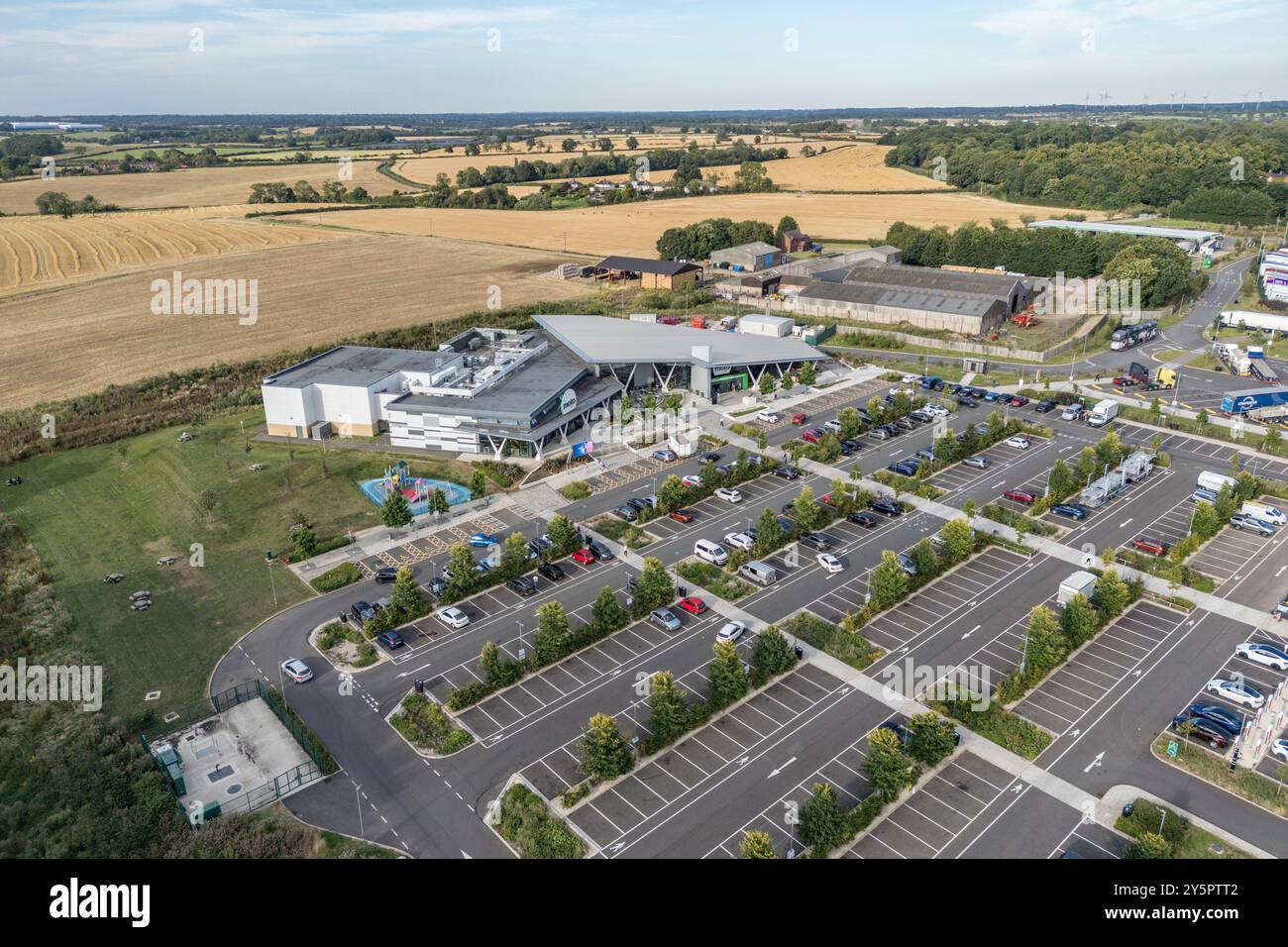 Aerial view of the Moto Rugby (Junction 1, M6 motorway) service station ...