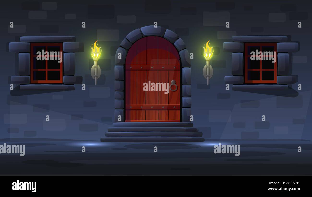 Wooden forged lock door with burning torches. Castle dungeon. Stone ...