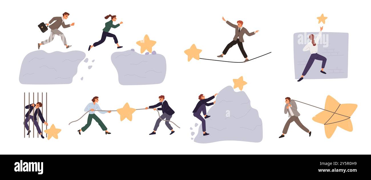 People achieve their goals. Men and women overcoming obstacles ...