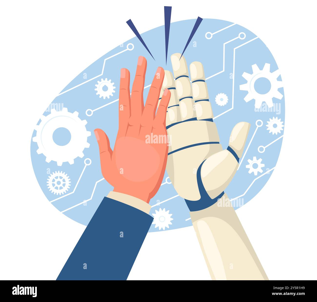 Human collaboration with artificial intelligence. Cartoon bionic hand ...