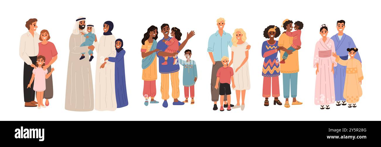 Cartoon happy families. Different nationalities people. Children ...