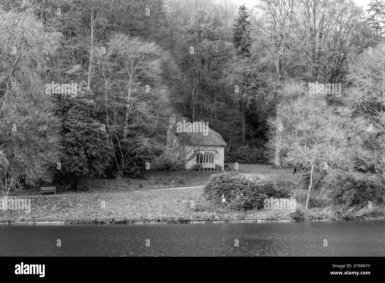 Black and white photo of the Gothic Cottage at Stourhead Gardens in ...